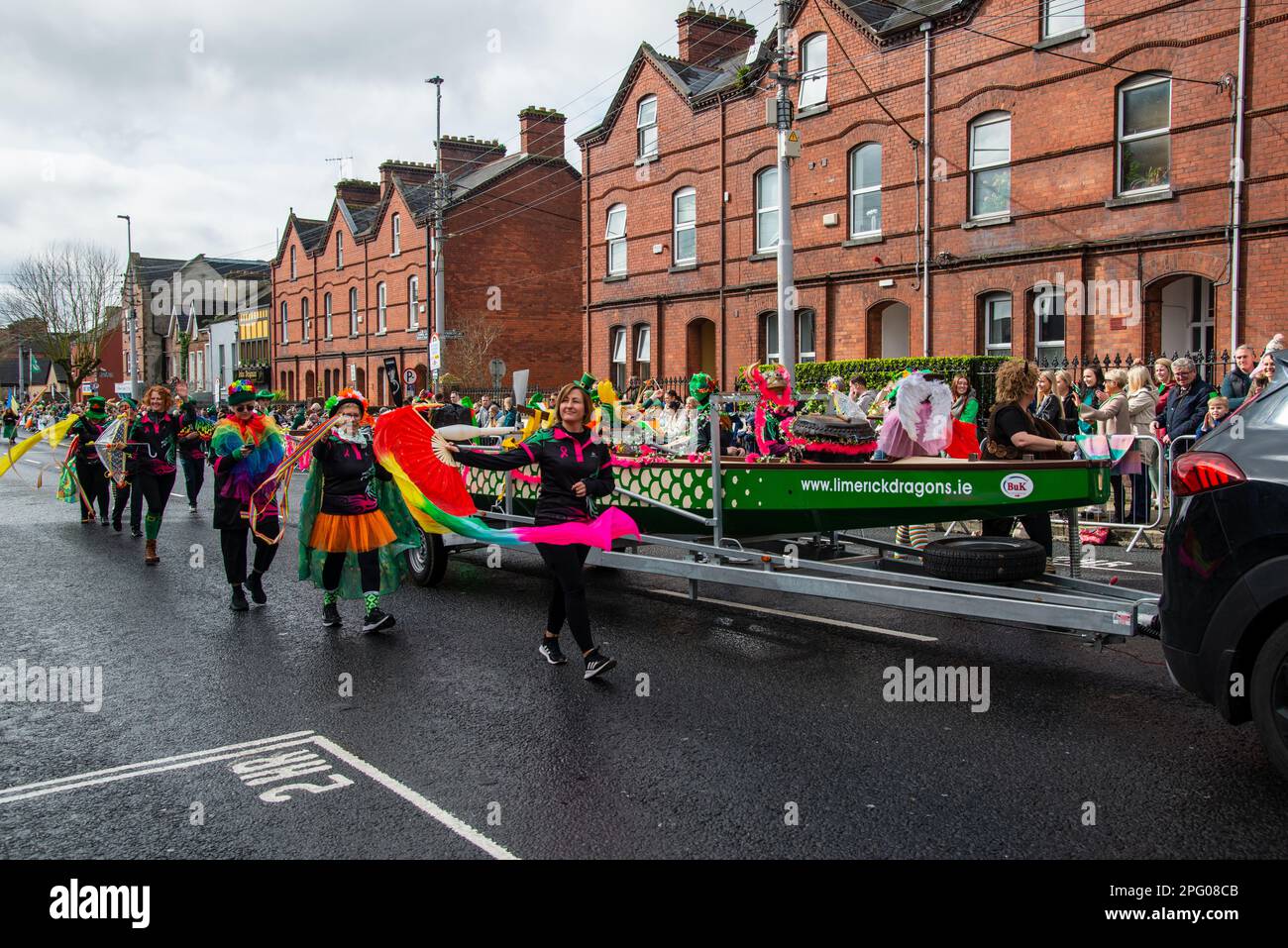 St Patrick's Day in Limerick, parade and happy people during the show ...