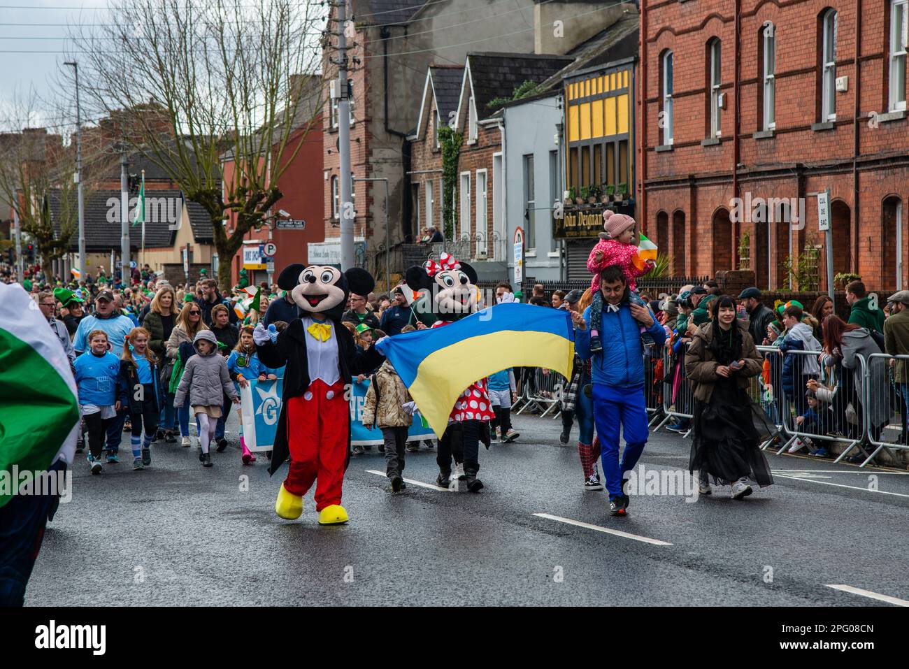 St Patrick's Day in Limerick, parade and happy people during the show ...