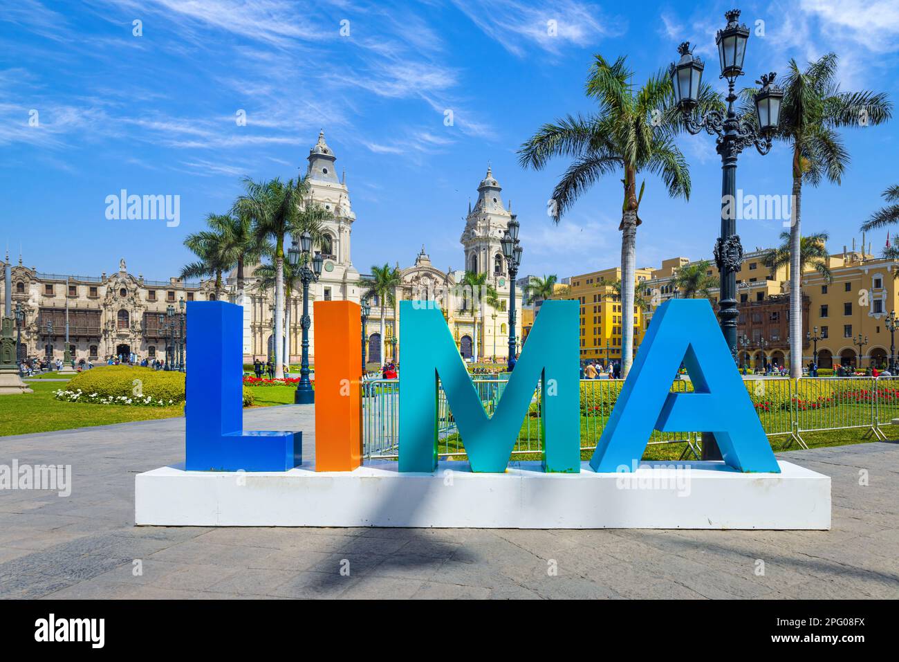 Lima, Peru, Archbishop Palace on colonial Central plaza Mayor or Plaza ...