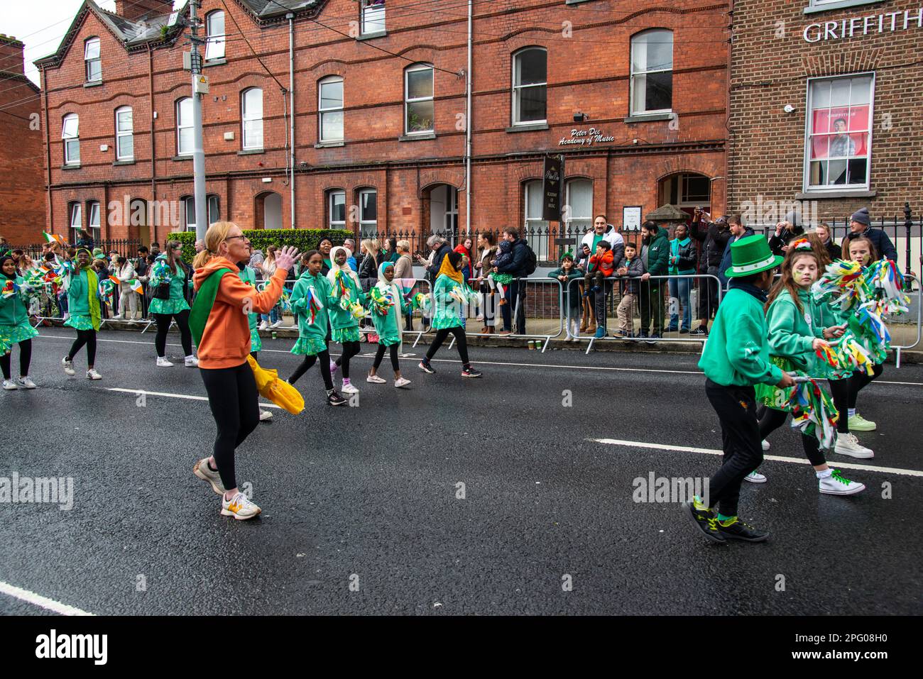 St Patrick's Day in Limerick, parade and happy people during the show ...