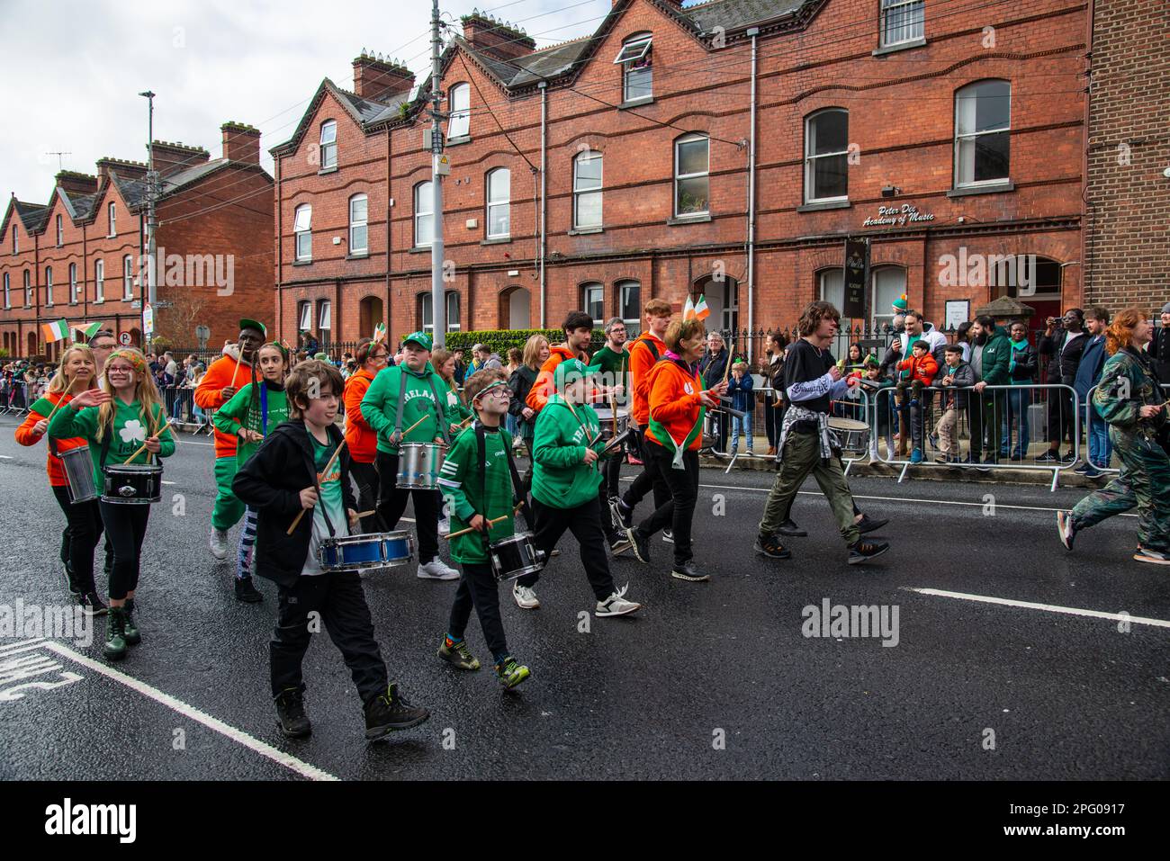 St Patrick's Day in Limerick, parade and happy people during the show ...