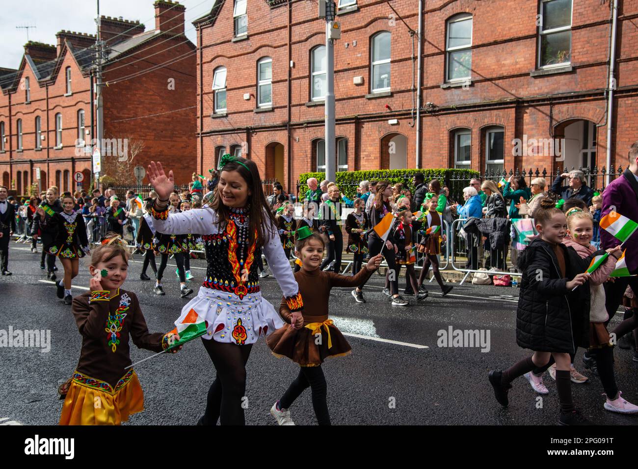 St Patrick's Day in Limerick, parade and happy people during the show ...