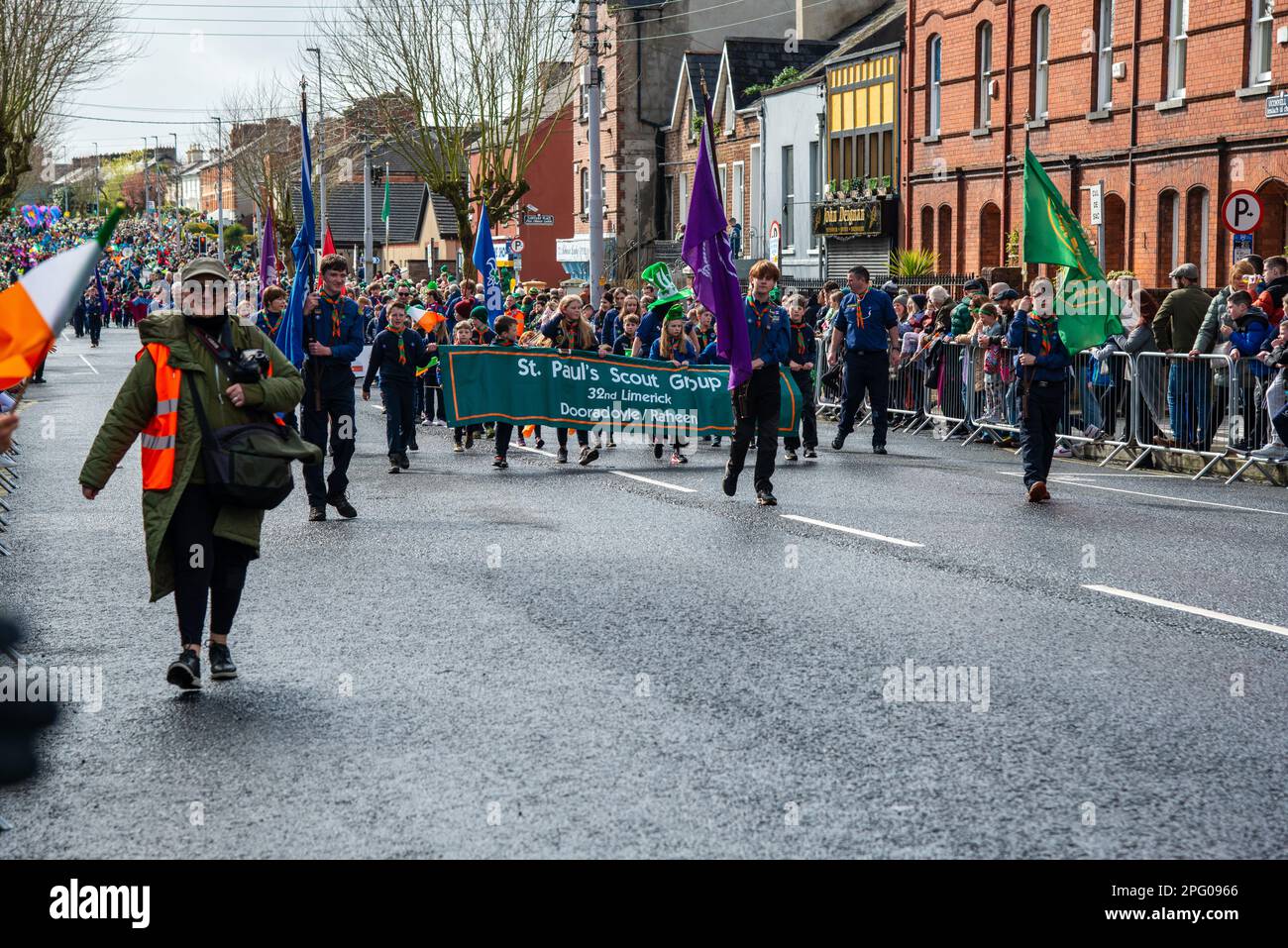 St Patrick's Day in Limerick, parade and happy people during the show ...