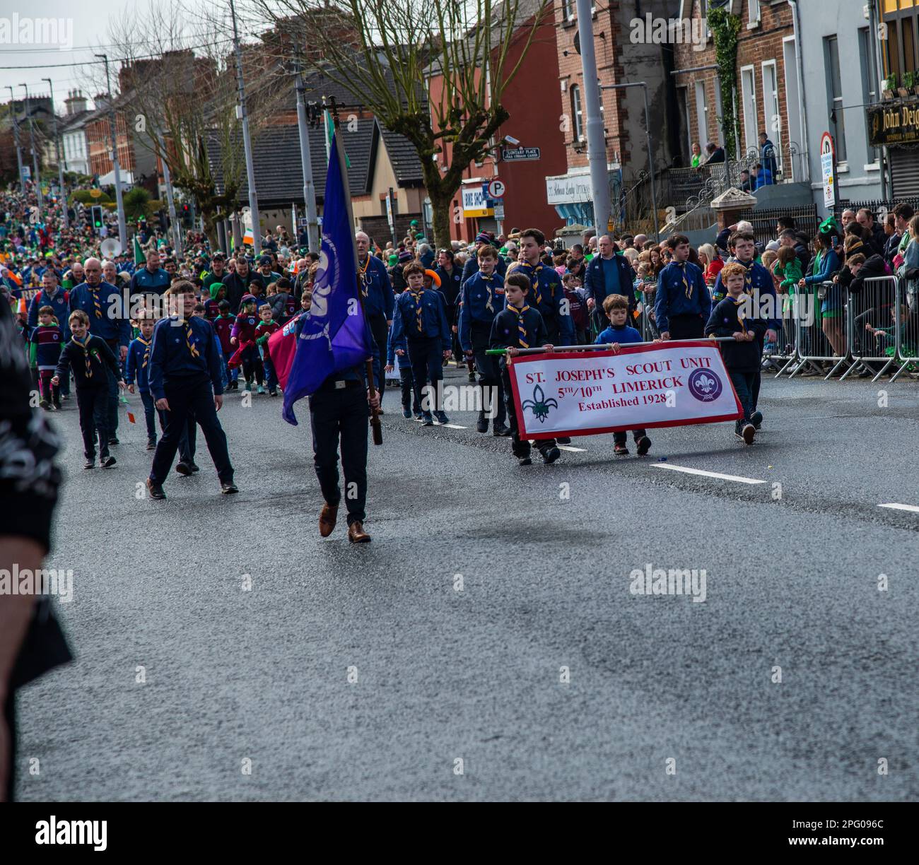 St Patrick's Day in Limerick, parade and happy people during the show ...