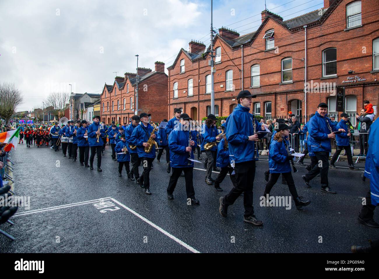 St Patrick's Day in Limerick, parade and happy people during the show ...