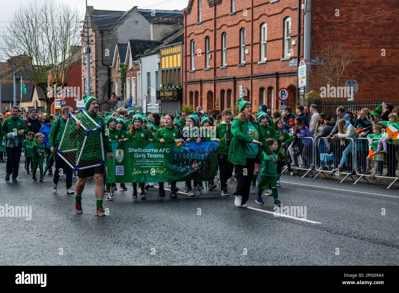 St Patrick's Day in Limerick, parade and happy people during the show ...