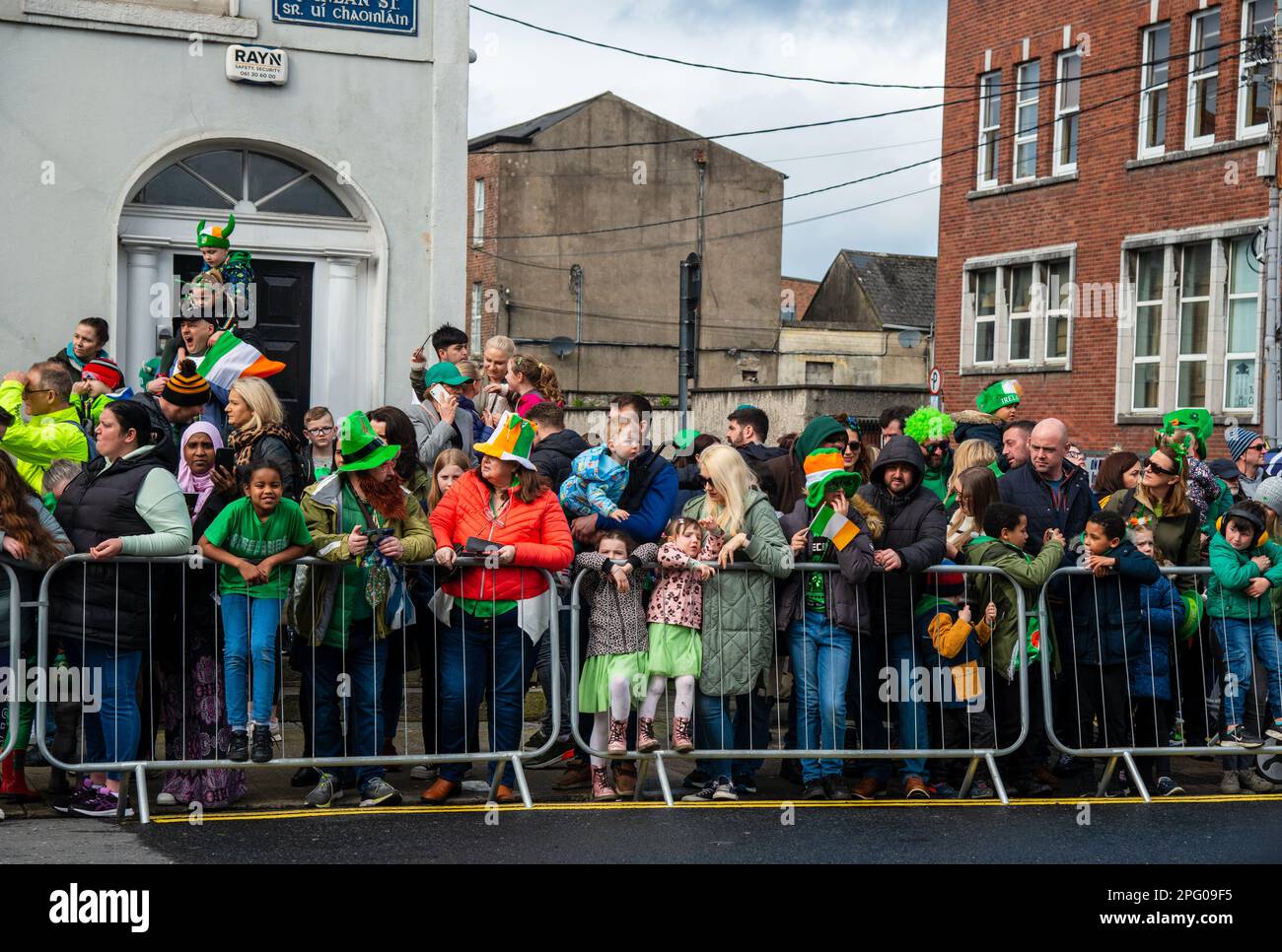 St Patrick's Day in Limerick, parade and happy people during the show ...