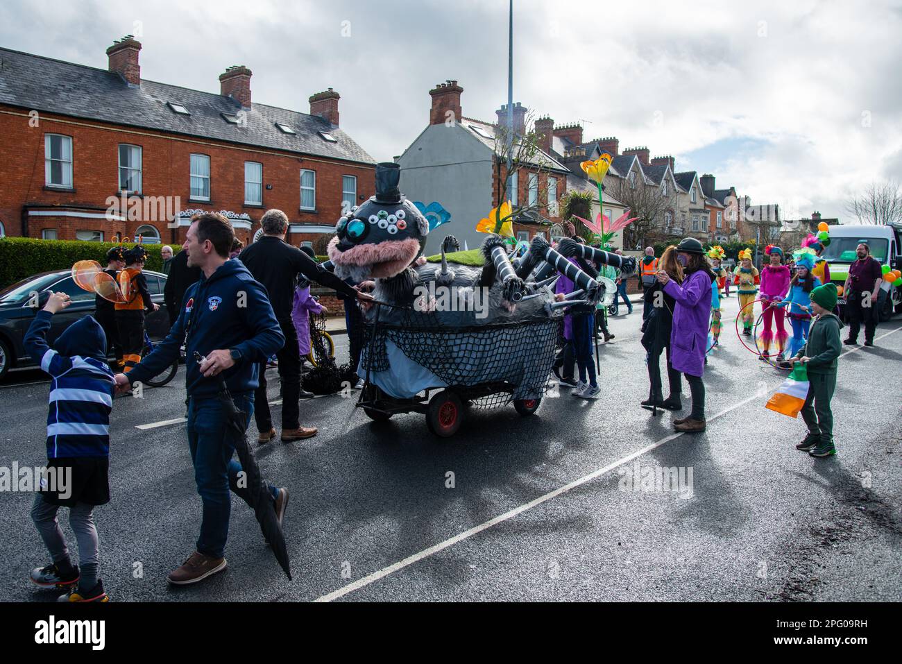 St Patrick's Day in Limerick, parade and happy people during the show ...