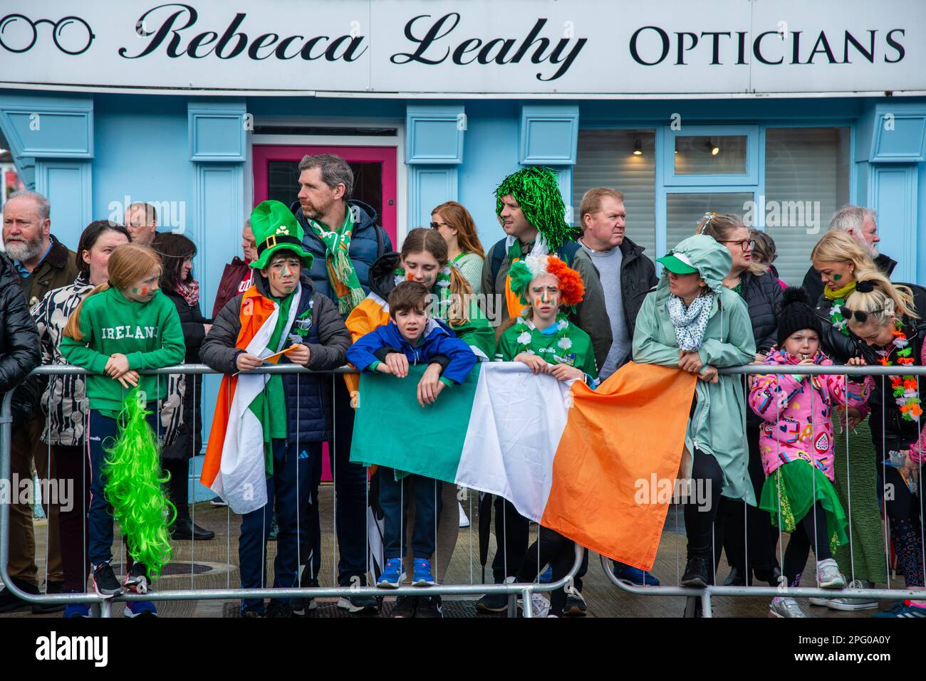 St Patrick's Day in Limerick, parade and happy people during the show ...