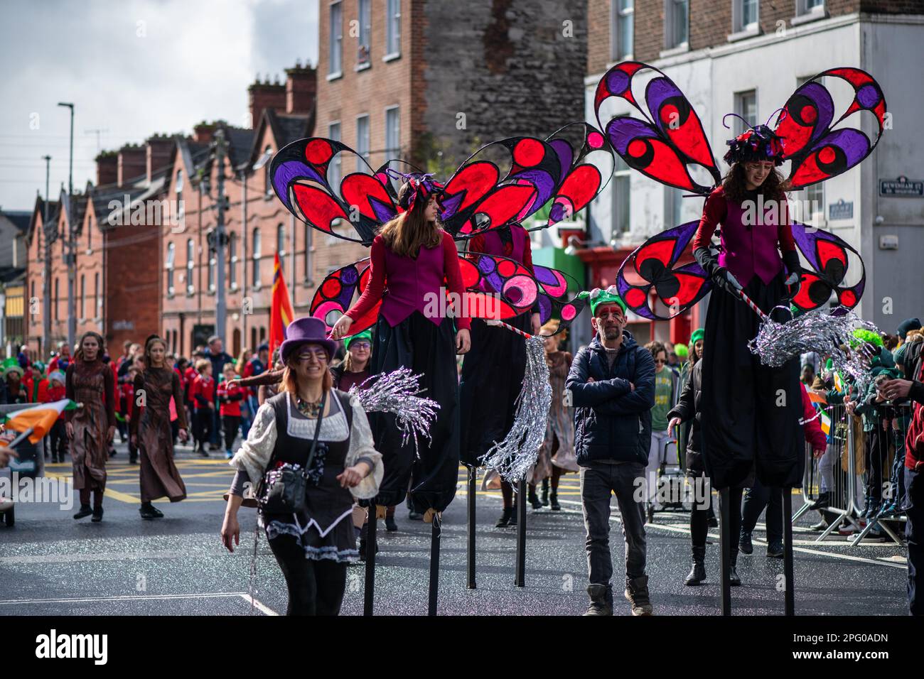 St Patrick's Day in Limerick, parade and happy people during the show ...