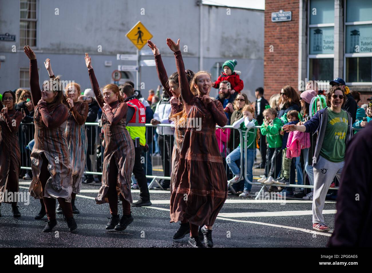 St Patrick's Day in Limerick, parade and happy people during the show ...