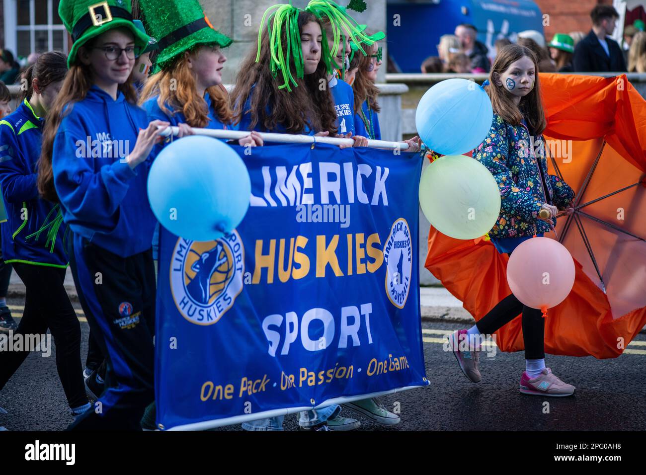 St Patrick's Day in Limerick, parade and happy people during the show ...