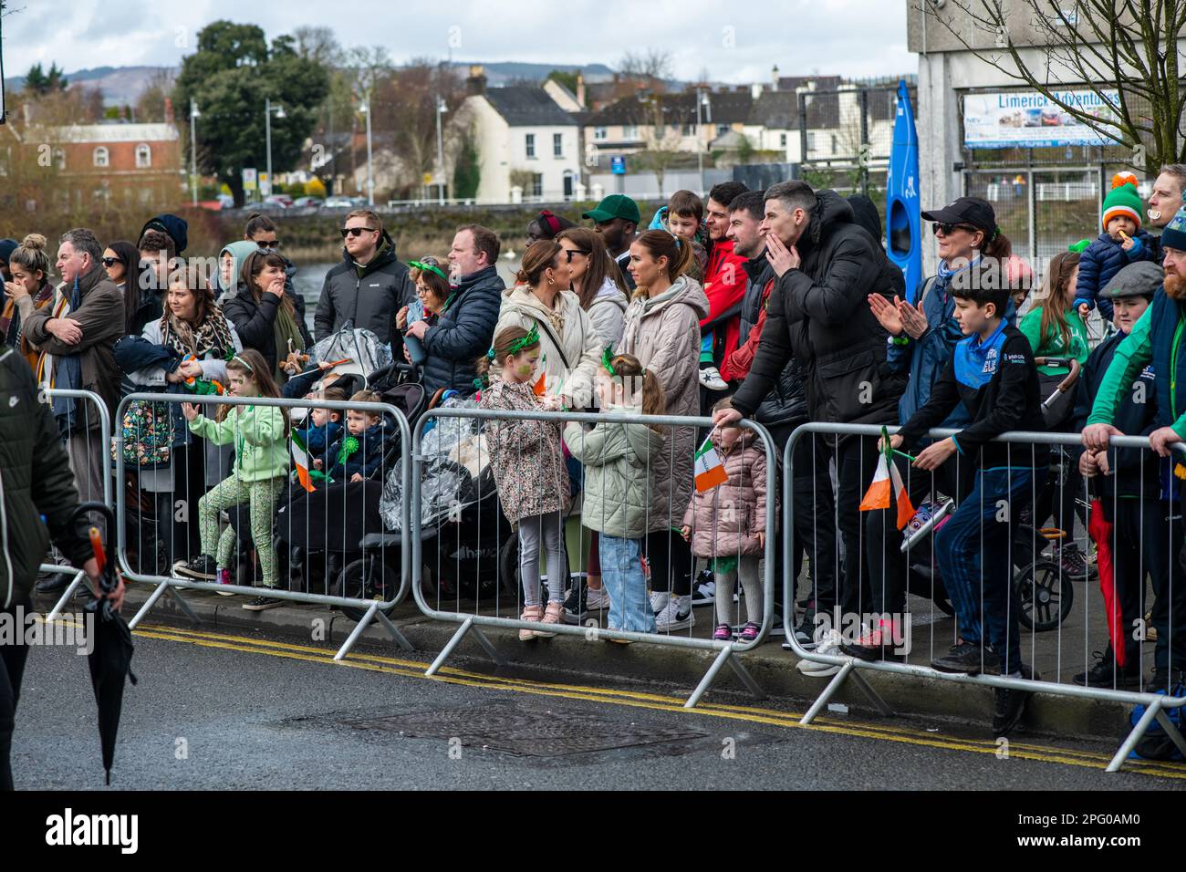 St Patrick's Day in Limerick, parade and happy people during the show ...