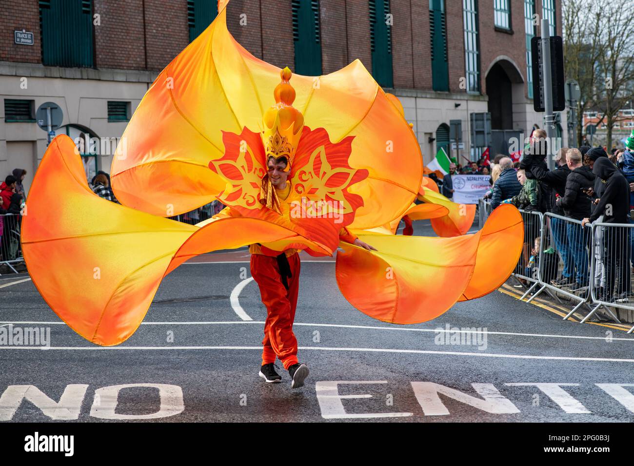 St Patrick's Day in Limerick, parade and happy people during the show ...