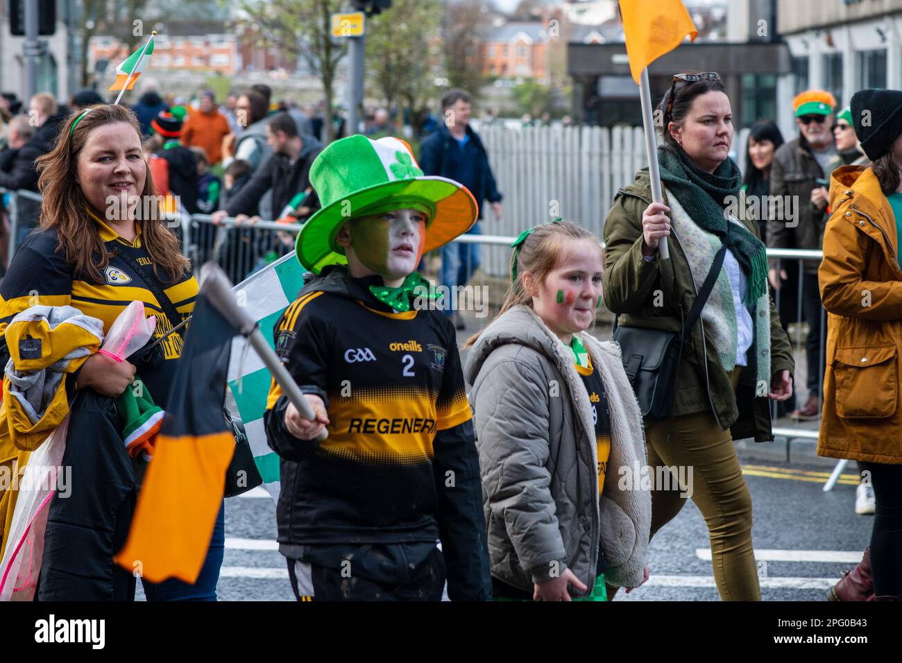 St Patrick's Day in Limerick, parade and happy people during the show ...