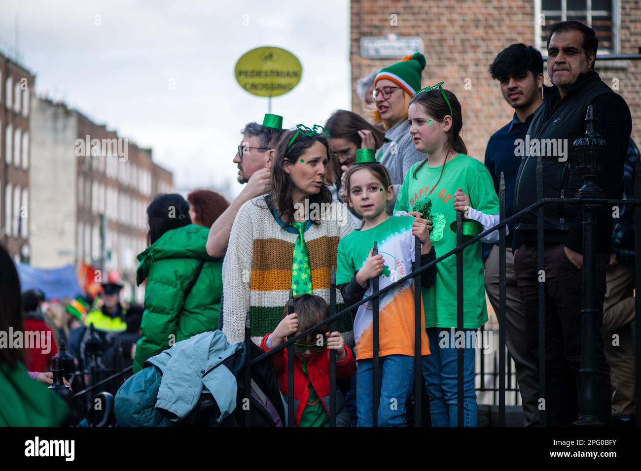St Patrick's Day in Limerick, parade and happy people during the show ...
