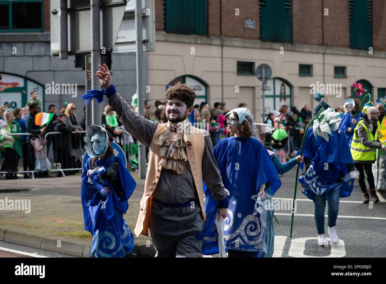 St Patrick's Day in Limerick, parade and happy people during the show ...