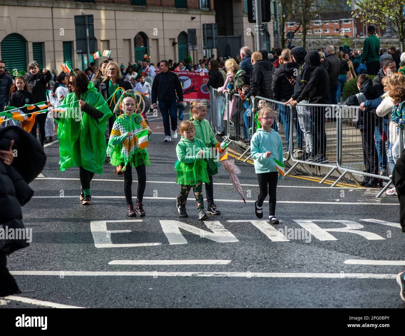 St Patrick's Day in Limerick, parade and happy people during the show ...