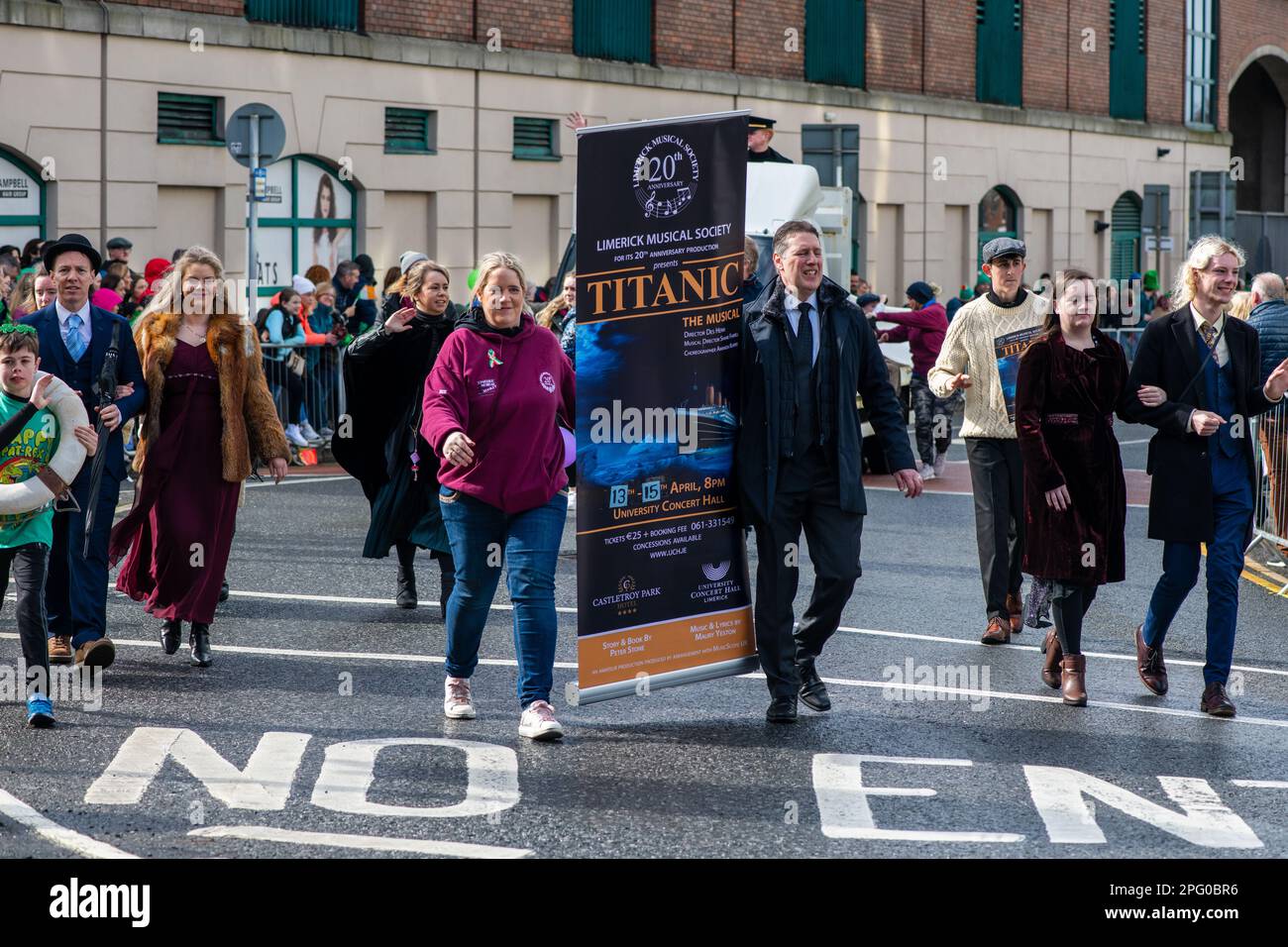 St Patrick's Day in Limerick, parade and happy people during the show ...