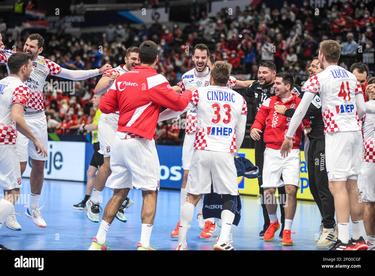 Croatian handball national team celebrate the win against Iceland: Ivan Pesic, Tin Lucin, Martin ...