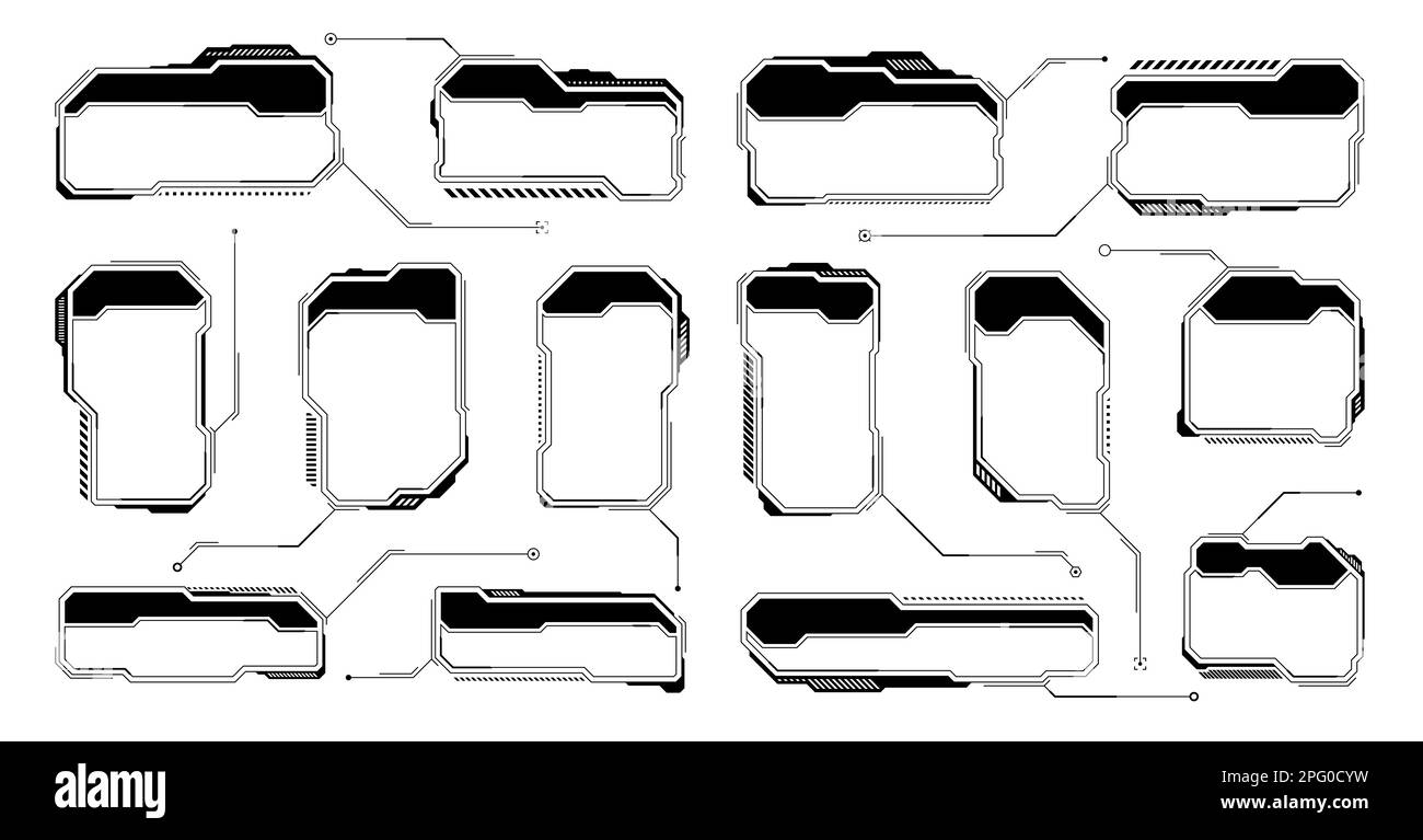 Black futuristic HUD or UI elements. Sci-fi user interface text boxes ...