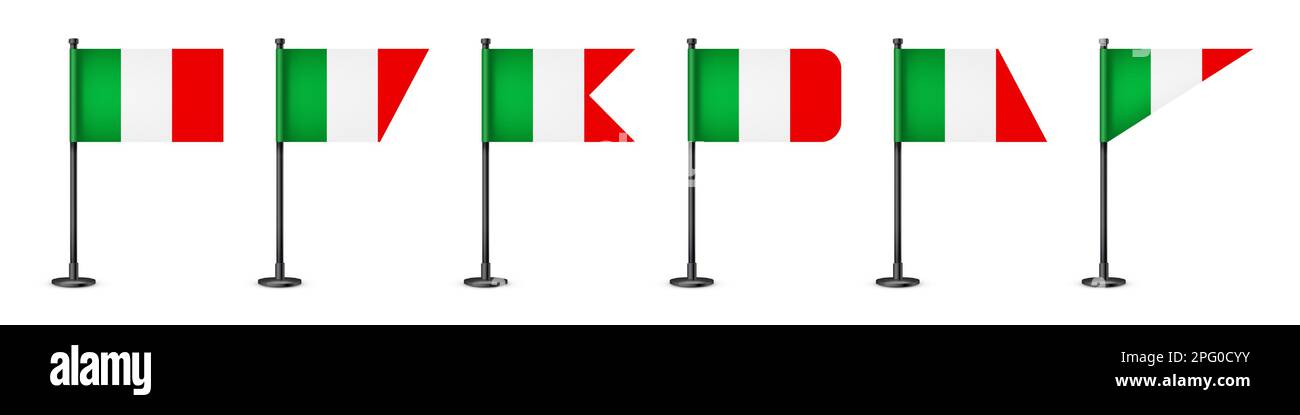 Realistic various Italian table flags on a black steel pole. Souvenir ...