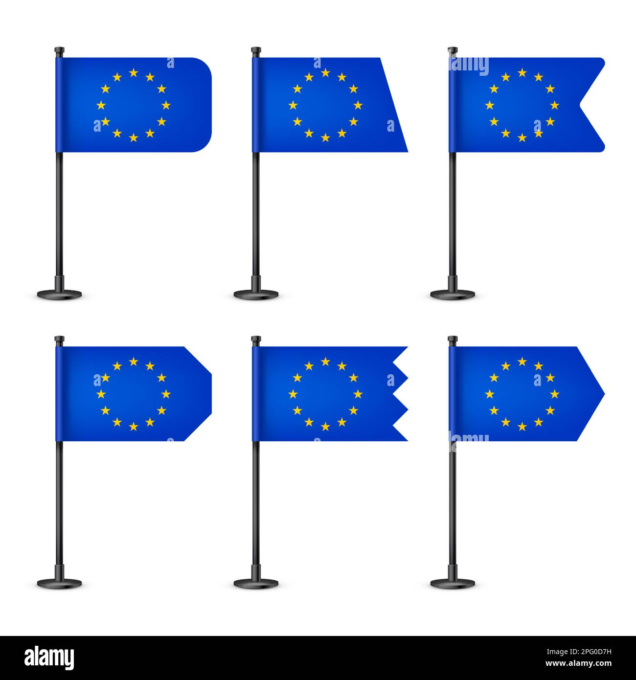 Realistic various European table flags on a black steel pole. Souvenir ...
