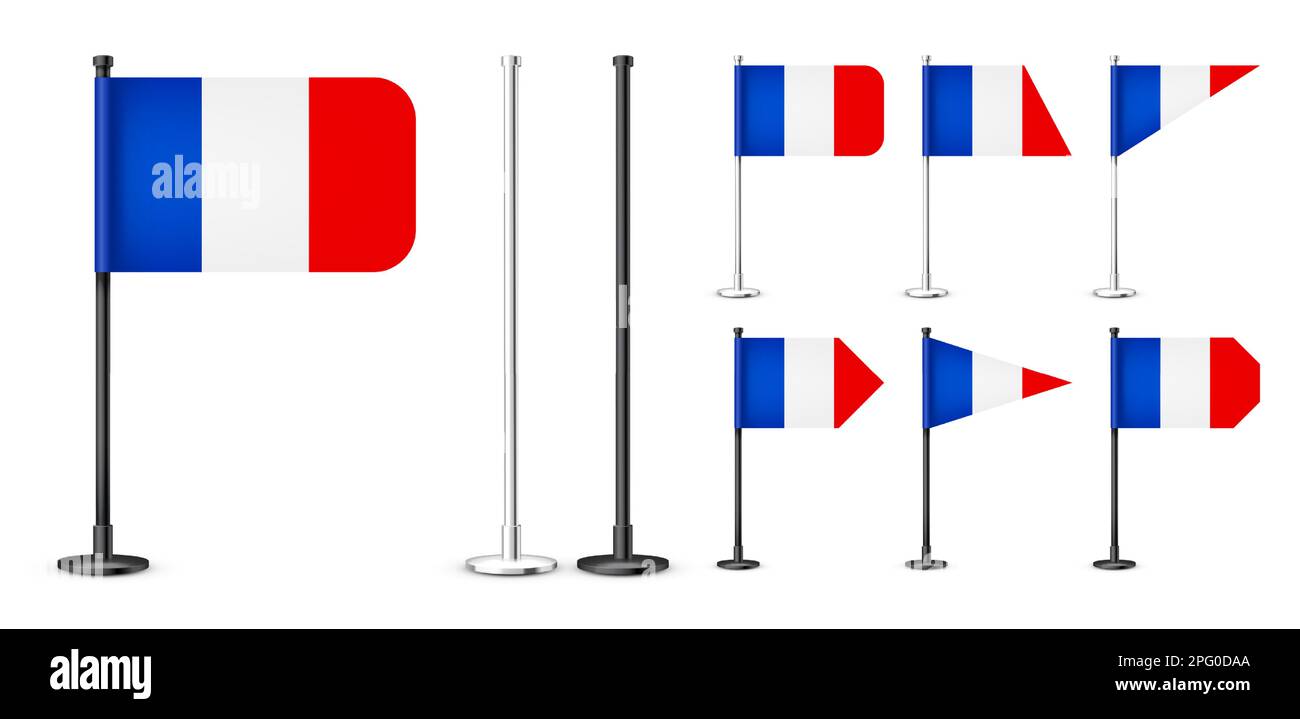 Realistic various French table flags on a black steel pole. Souvenir ...