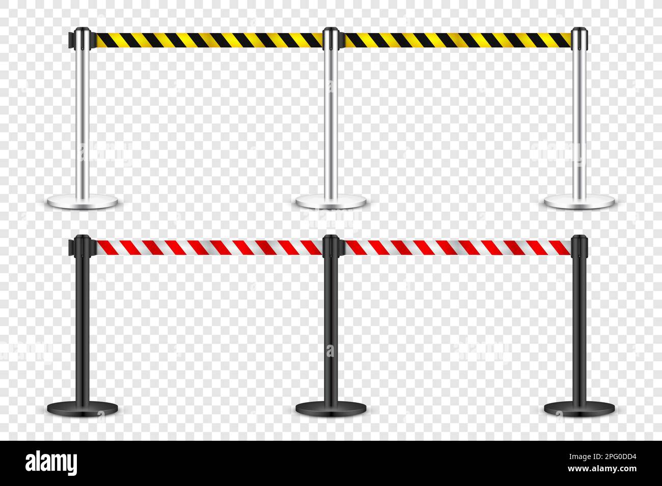 Realistic yellow and red retractable belt stanchion. Crowd control ...