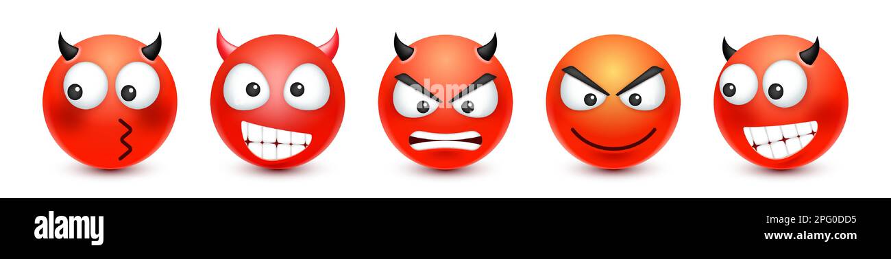 Cartoon emoji, emoticons collection. Red face with emotions, mood ...