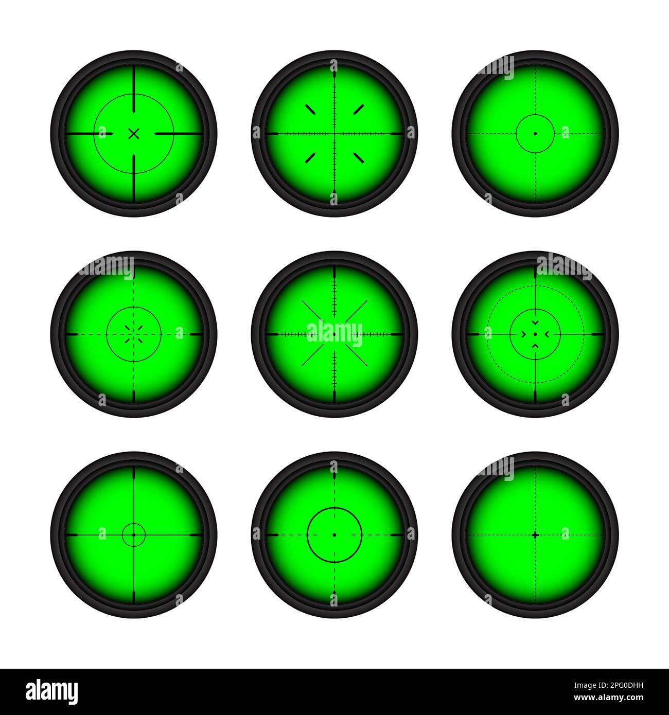 Various weapon night sights, sniper rifle optical scopes. Hunting gun ...