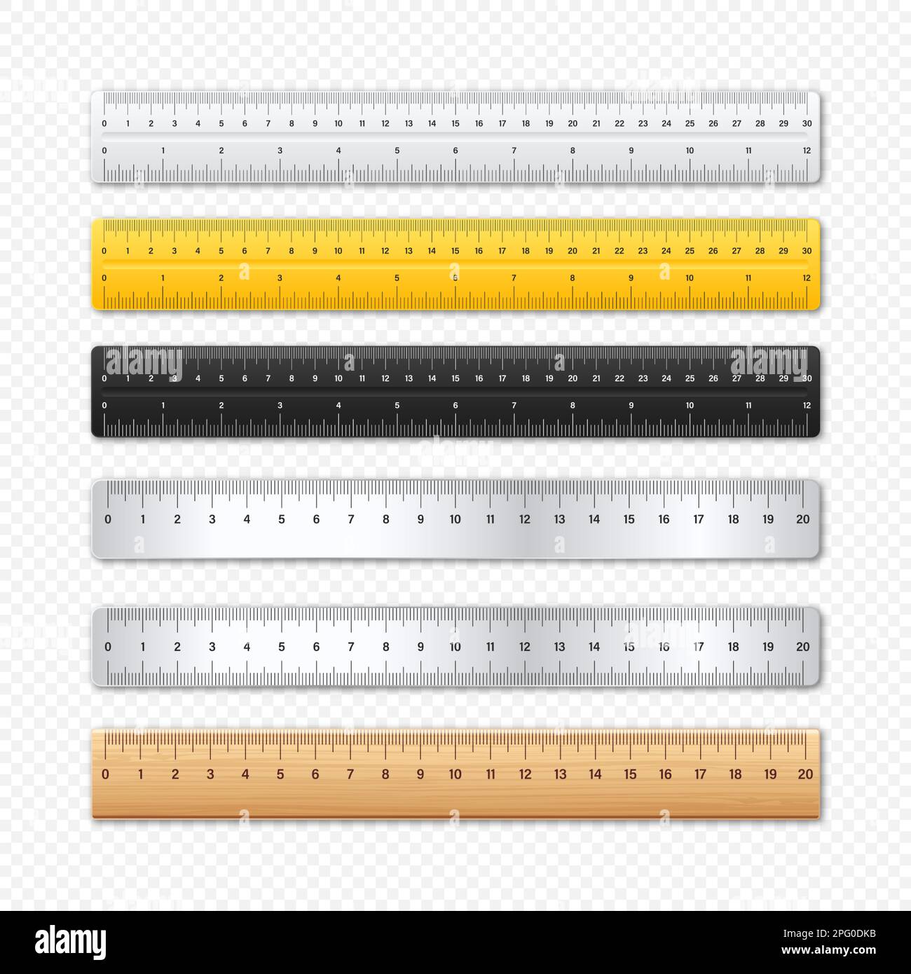 Realistic various metal and plastic rulers with measurement scale and ...