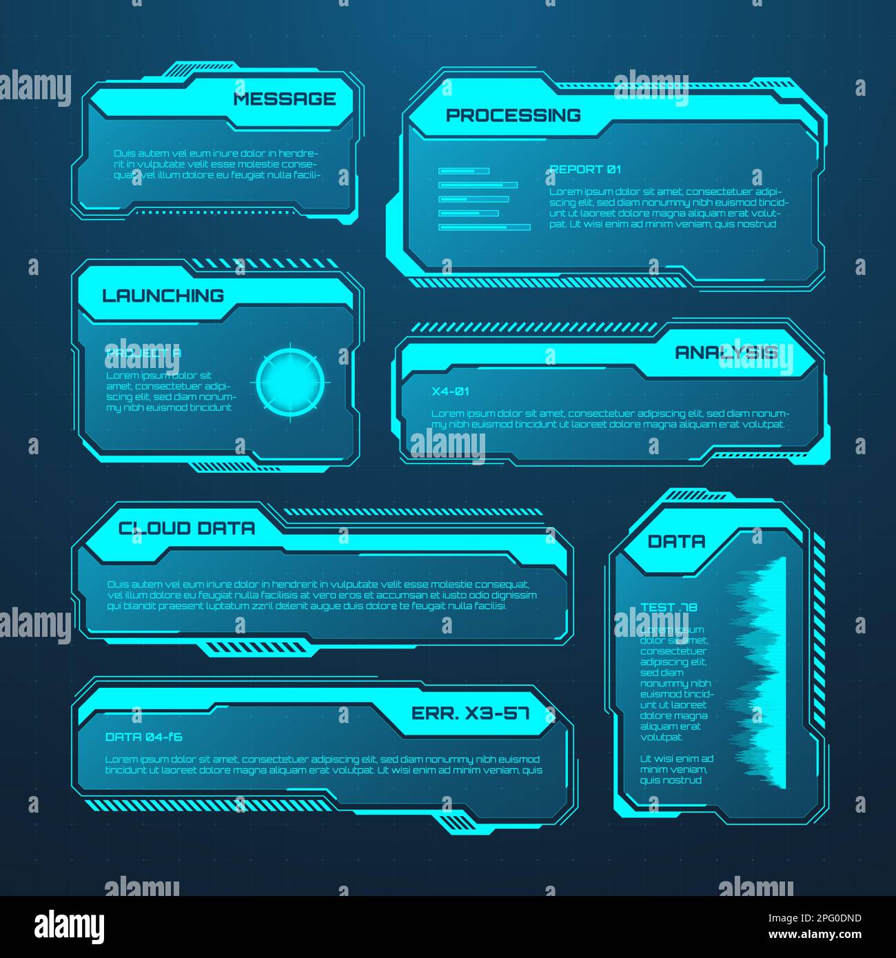 Blue futuristic HUD or UI elements. Sci-fi user interface text boxes, callouts. Warning message ...