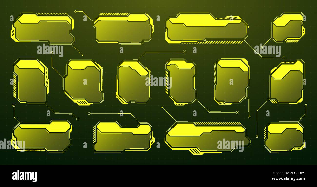 Yellow futuristic HUD, UI elements. Sci-fi user interface text boxes ...