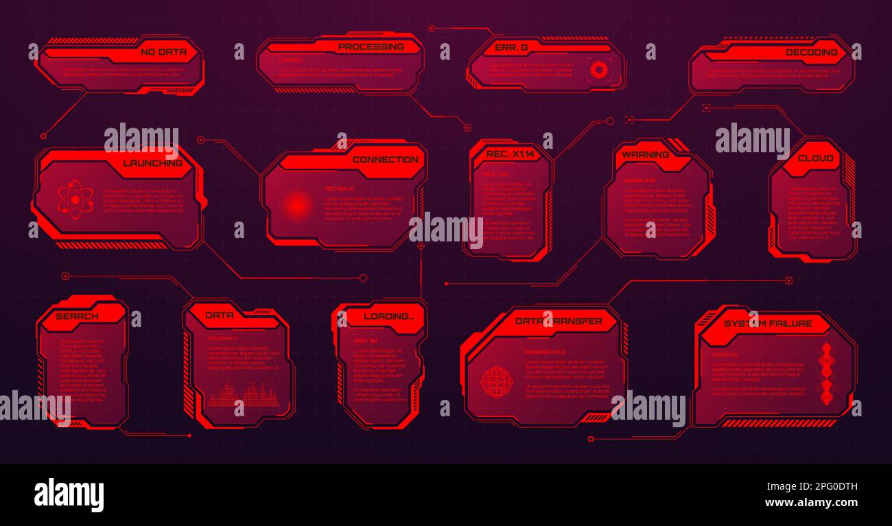 Red futuristic HUD or UI elements. Sci-fi user interface text boxes ...