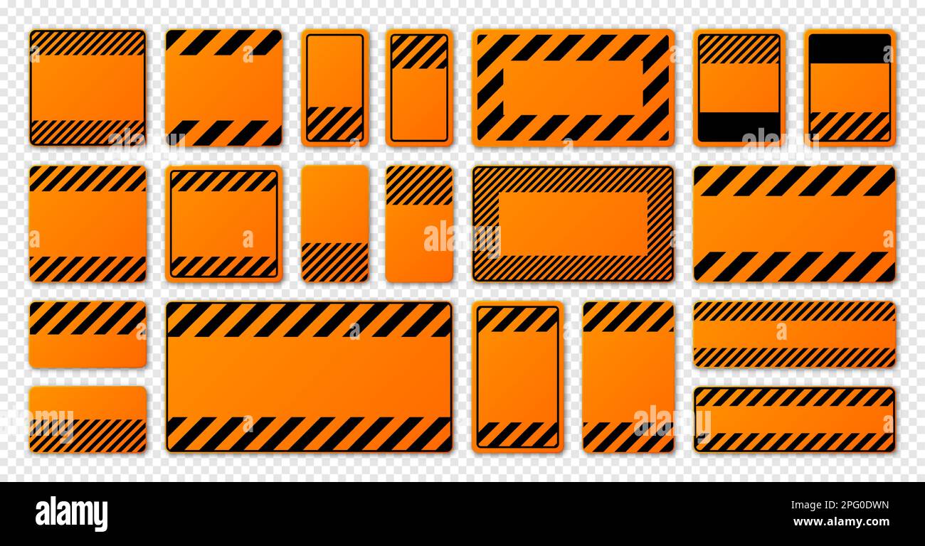 Various black and orange warning signs with diagonal lines. Attention ...