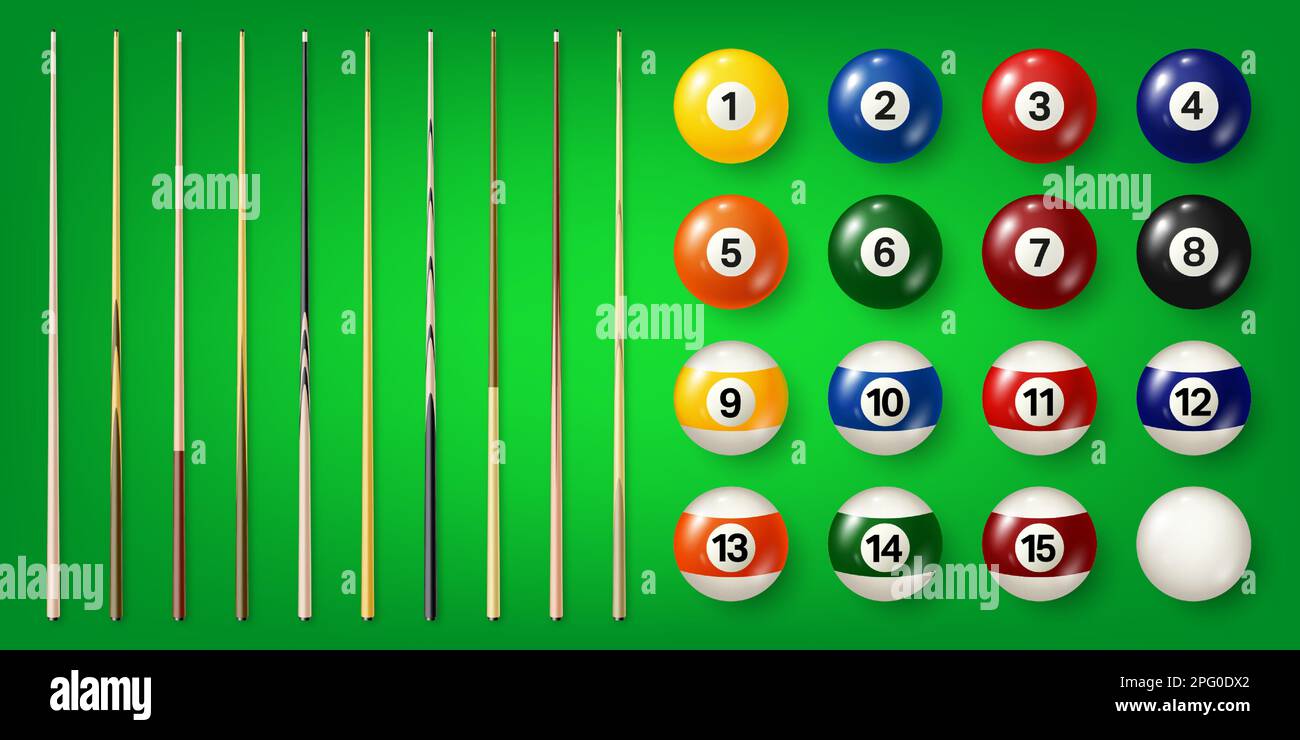 Colorful billiard balls with numbers and various pool cues on green ...