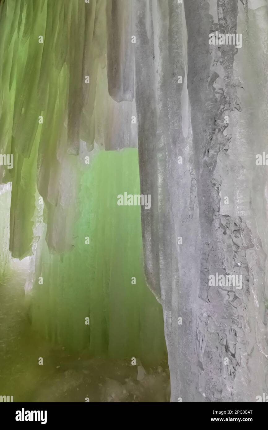 Closeup of spectacular ice formations of Eben Ice Caves, Rock River ...