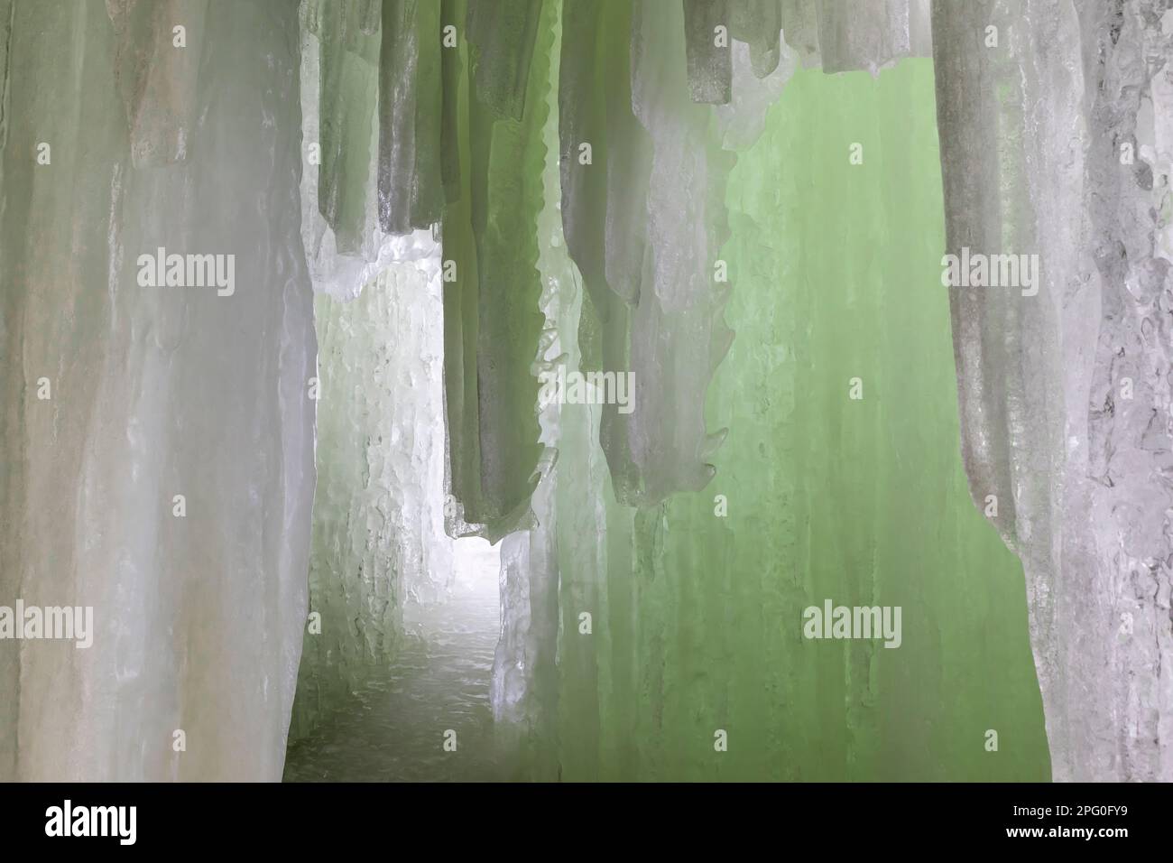 Closeup of spectacular ice formations of Eben Ice Caves, Rock River ...