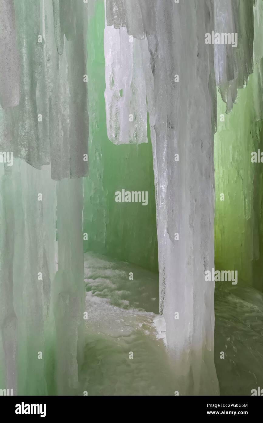 Closeup of spectacular ice formations of Eben Ice Caves, Rock River ...