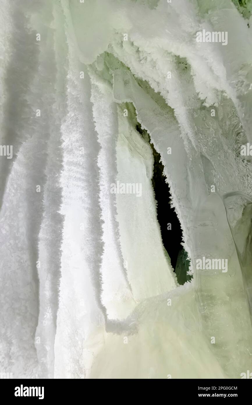 Closeup of spectacular frosty ice formations of Eben Ice Caves, Rock ...