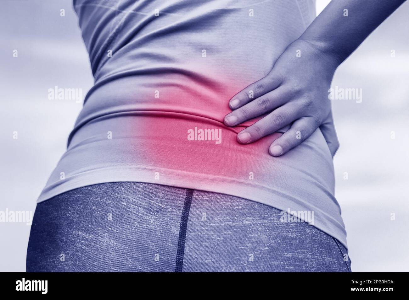 Back pain medical health problem - Woman with painful injury touching ...