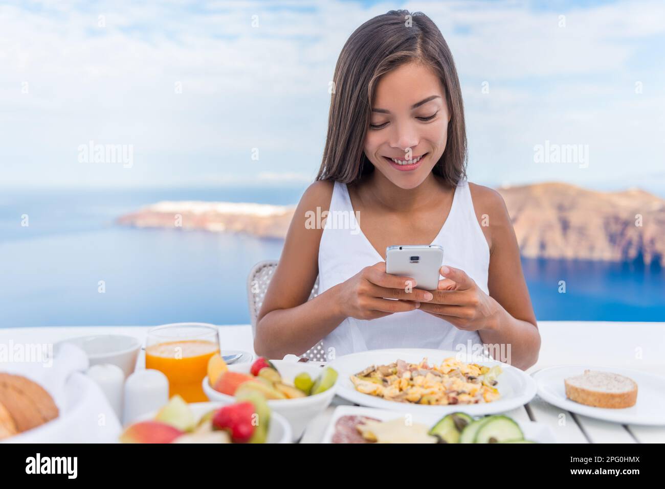 Food selfie social media vlogging girl taking photo with phone of ...