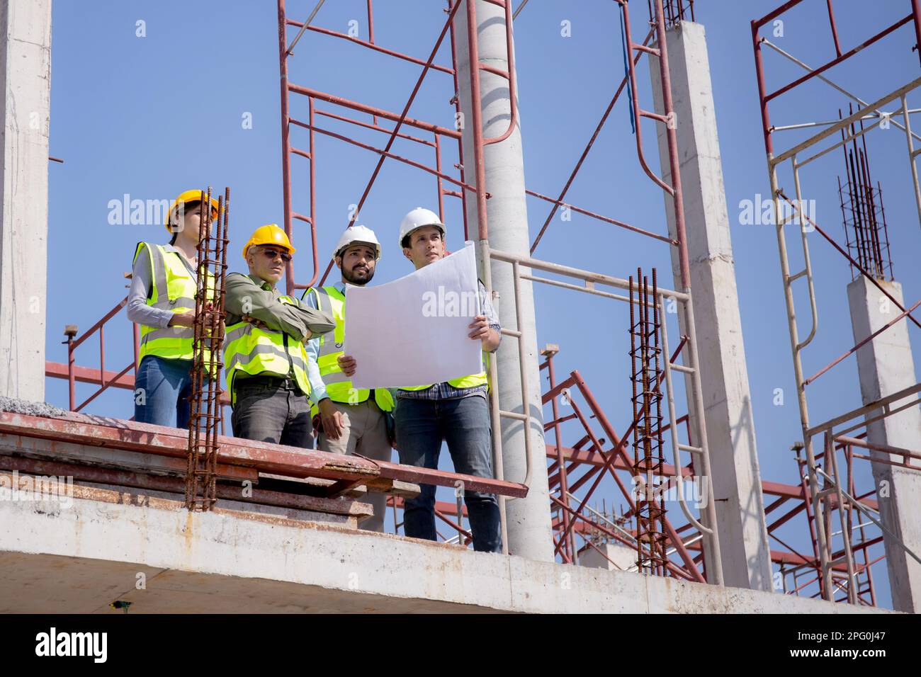 Team group of contractor and architect with foreman explaining about ...