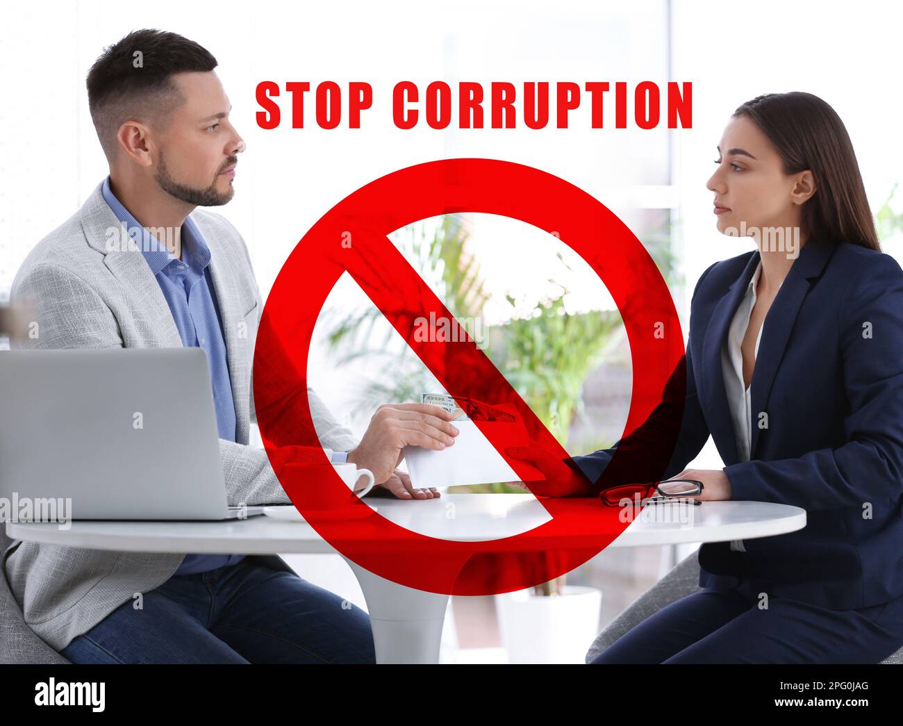 Stop corruption. Illustration of red prohibition sign and woman giving ...