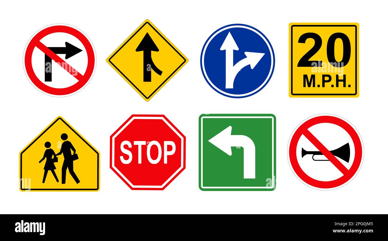 Set with different road signs on white background Stock Photo - Alamy