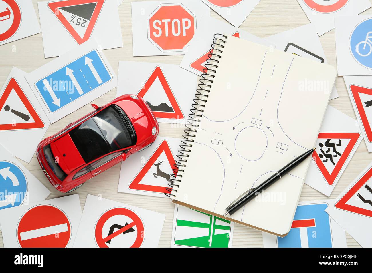Many different road sign cards, notebook with sketch of roundabout and ...