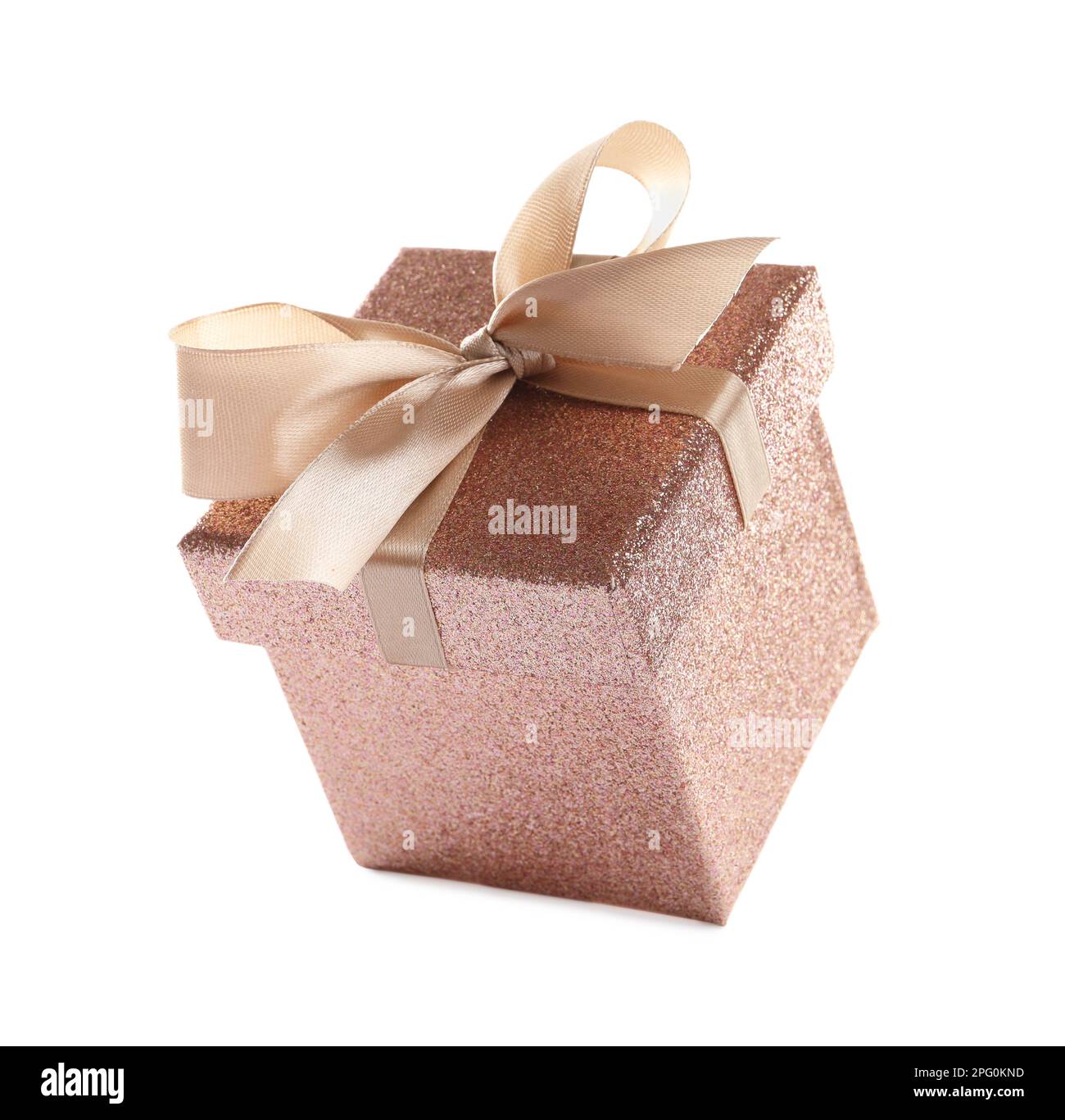 Beautiful gift box with golden ribbon and bow on white background Stock ...