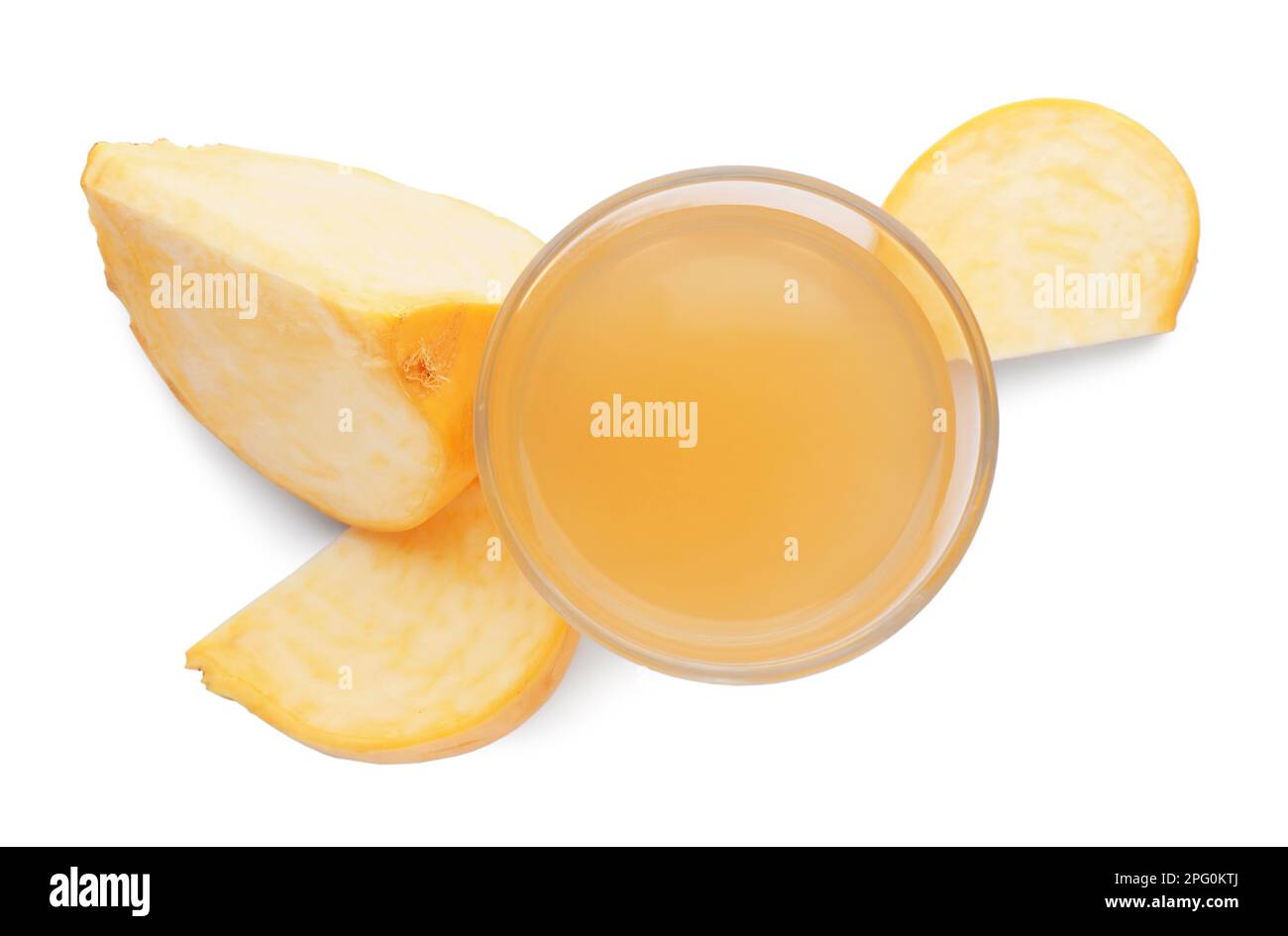 Glass of freshly made turnip juice on white background, top view Stock ...