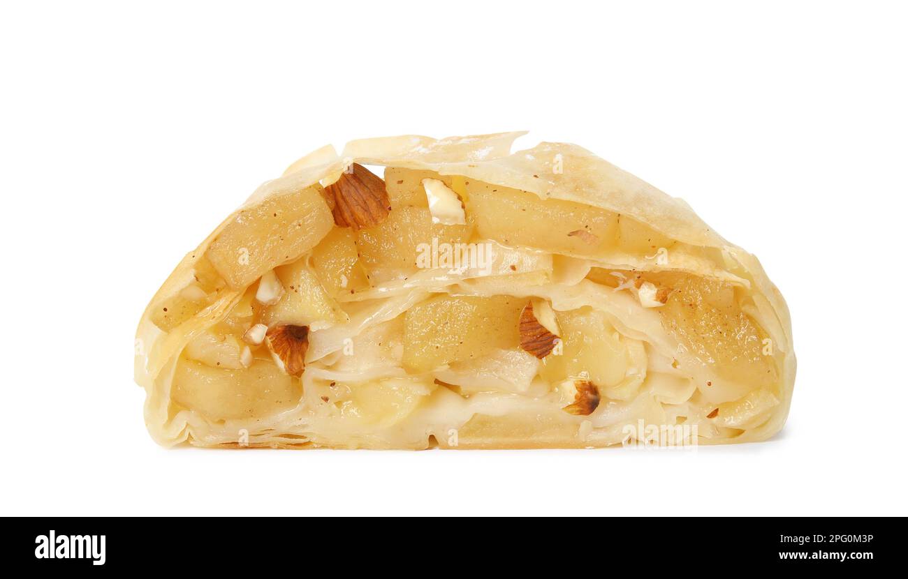 Piece of delicious apple strudel with almonds isolated on white Stock ...